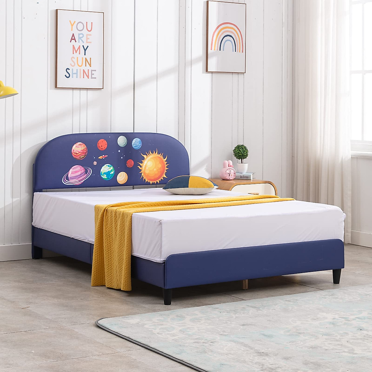 BALUS Twin Bed Frames for Kids, Bed Frame for Boys with PVC Tufted Headboard& Wood Upholstered Slat Support, No Spring Box Needed, Boys Space Adventures Bed Platform for Kids (Space Planet)