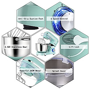 Aucma Stand Mixer,6.5-QT 660W 6-Speed Tilt-Head Food Mixer, Kitchen Electric Mixer with Dough Hook, Wire Whip & Beater (6.5QT, Blue)