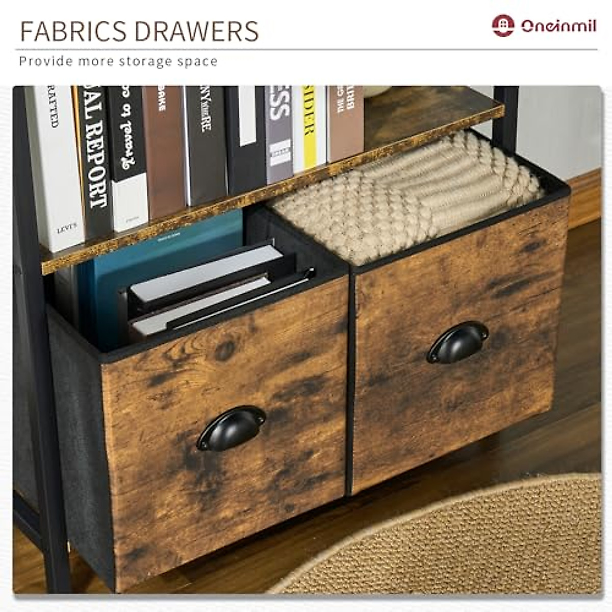 oneinmil 6-Tier Bookshelf with 2 Storage Drawers, Industrial Display Standing Shelf, Rustic Wood Storage Shelf with Metal Frame, Open Bookcases for Living Room, Bedroom, Home Office (Brown)