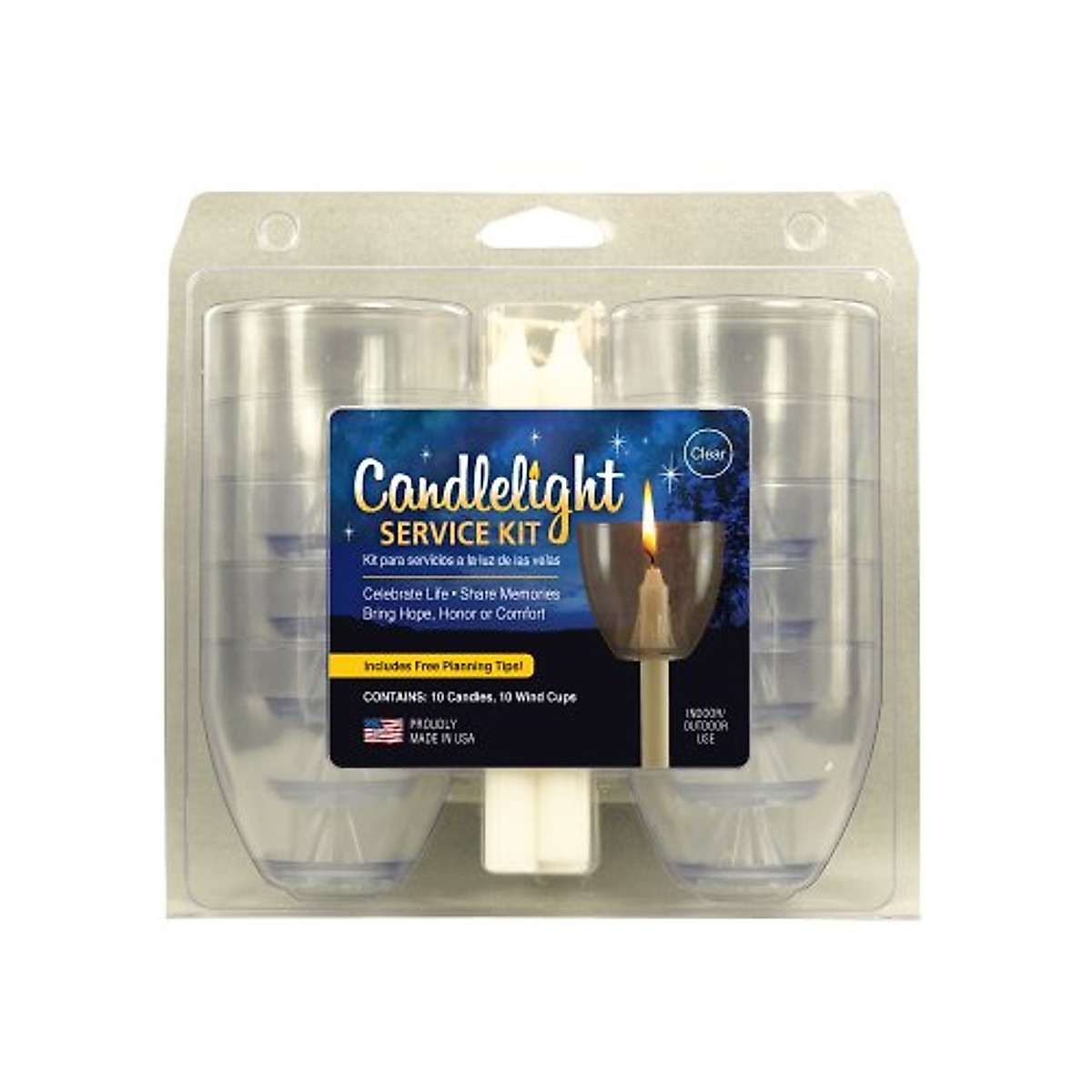 Candlelight Service Kit (Pack of 10) Includes (10) Clear Wind/Drip Cups and (10) .5" X 5.375" Unscented White Candles Made in USA