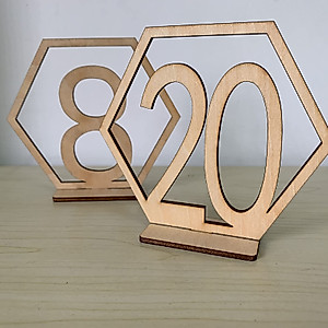 SUNFECILI 10 Pcs Wooden Table Numbers, Hexagon Hollow Out Table Number,Wedding Place Cards, Wood Numbers Place Cards with Holder Base Standing Wood Wedding Decorations, Gold(1-10)