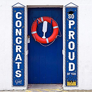 Whaline Graduation Porch Sign Congrats Grad Door Sign So Proud of You Banner Graduation Welcome Hanging Banner Graduation Party Backdrop for Grad Party Outdoor Yard Decorations (Blue)