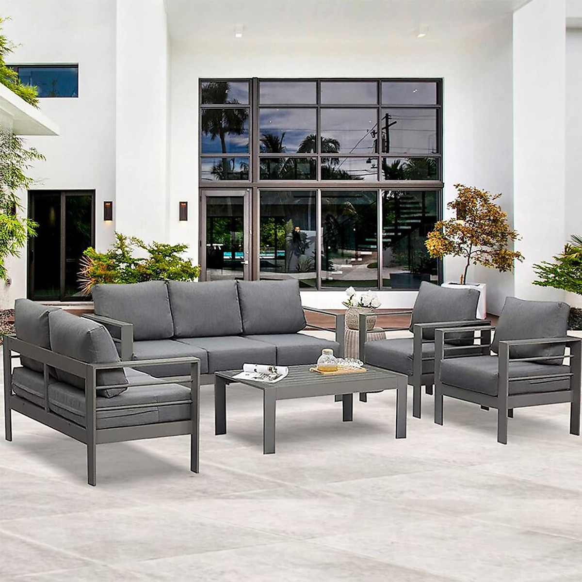 Wisteria Lane Aluminum Outdoor Patio Furniture Set, Modern Patio Conversation Sets, Outdoor Sectional Metal Sofa with 5 Inch Cushion and Coffee Table for Balcony, Garden, Dark Grey