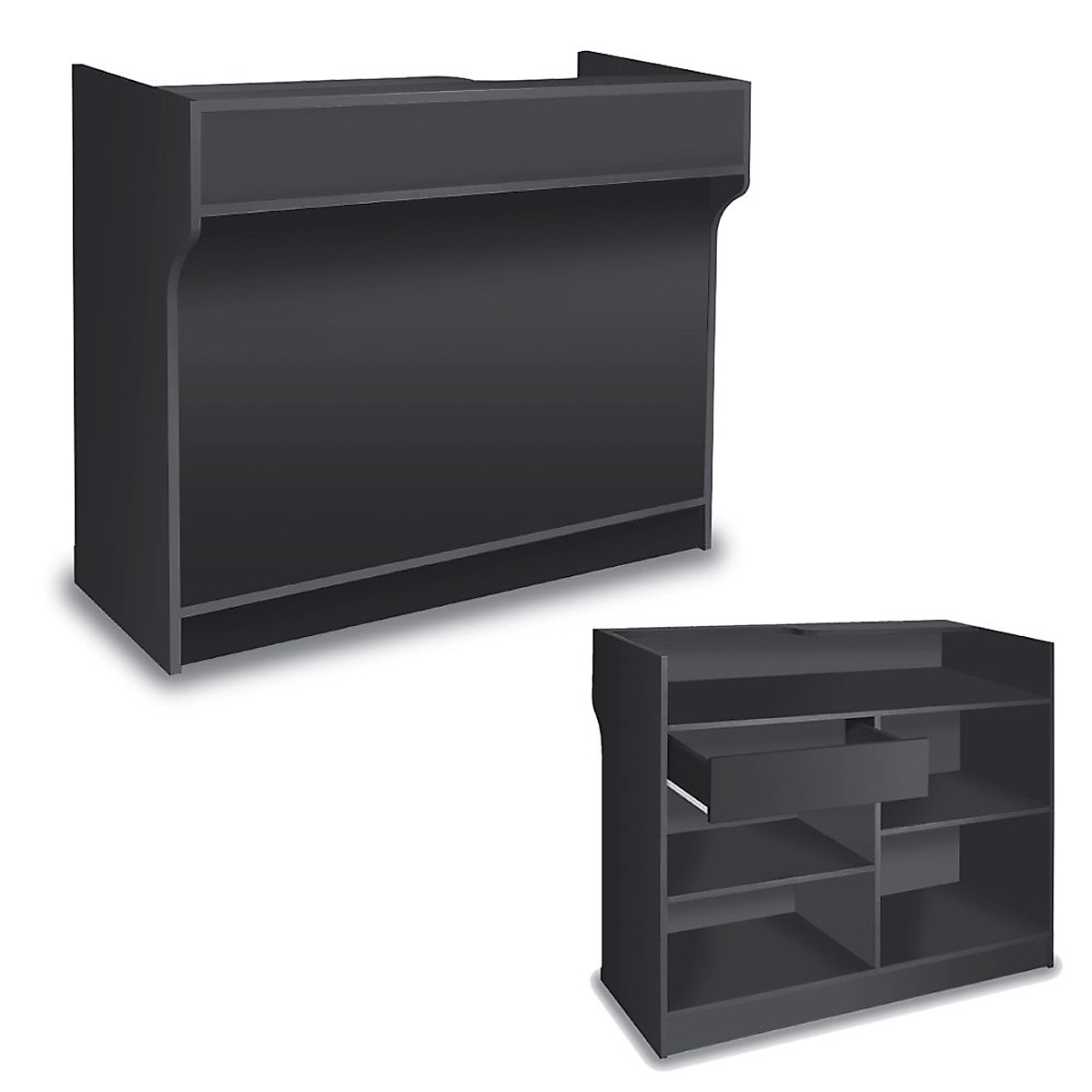 Free-Standing Black Melamine Register Stand, with Adjustable Shelves, Pull-Out Drawer, and Check Writing Area - Available Maple and Black. Available in 48" of 72" (48" Wide, Black)
