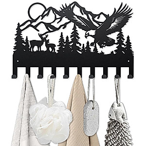 MAYJOYDIY Mountain Forest Animal Metal Coat Racks Wall Mounted Deer Bird Coat Hooks 15.7×9.8inch 10 Hooks Nature Scenery Key Holder Wall Art Decor Gift Black Key Hooks for Coats Hats Towels Bags