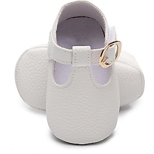 HONGTEYA Baby Girls Boys T-Strap Moccasins Baby Mary Jane Shoes Toddler Flats Infant Girl Shoes PU Soft Soled for Baby First Walk (White)