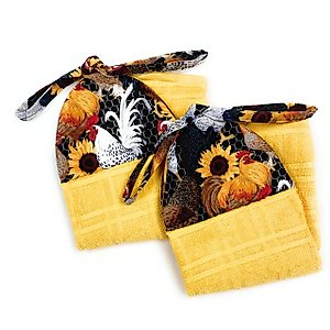 Set of 2 - Roosters Chickens and Sunflowers on Black Reversible Ties On Stays Put Yellow Kitchen Hanging Loop Hand Dish Towels