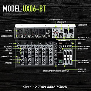6 Channel Audio Interface Sound Board Mixing Console 16-Bit DSP DJ Mixer Audio Reverb Effect +48V Phantom Bluetooth Studio Audio Mixer For Karaoke Studio Streaming Recording