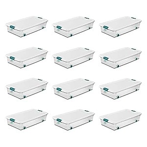 Sterilite 56 Quart Latching Stackable Under Bed or Closet Storage Box Container Bins with Secure Lid and Wheels, Clear (12 Pack)