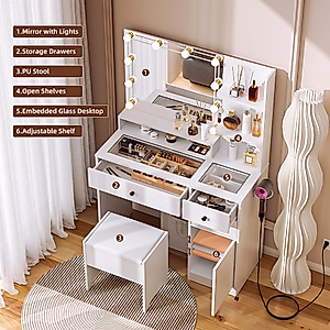 Spurgehom Makeup Vanity Desk with Mirror and Lights White Vanity Set with Drawers and Stool 37" Glass Top Dressing Table Shelves and Storage Cabinet 3 Lighting Modes Brightness Adjustable for Bedroom