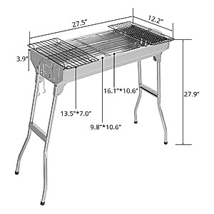 Outvita Portable Charcoal Grill, 28x 13 x 27" Foldable Barbecue Grill, Stainless Steel BBQ Grill and Smoker for Outdoor Cooking Camping Hiking Party Picnic Garden Beach