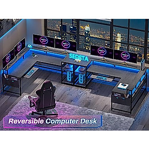 SEDETA L Shaped Gaming Desk, Home Office Desk or Corner Desk, L Shaped Desk with Power Outlets & LED Strip, Monitor Stand, Keyboard Tray, Pegboard and Storage Shelves, Grey