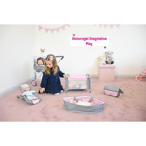 KOOKAMUNGA KIDS 5 Pc Baby Doll Stroller Set - Baby Doll Accessories - Baby Doll Playset w/ Doll Crib Stroller Car Seat - Playpen - Carry Cot - Diaper Bag - Ages 3+ - Deluxe Grey / Pink