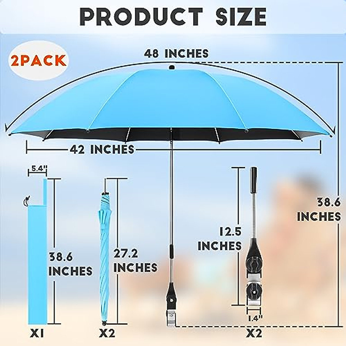 NBtoUS 2 PACK Chair Umbrella with Clamp, UPF 50+ 360°Adjustable Beach Umbrella, Protable Clamp Umbrella for Beach Chair, Camping Chair, Wheelchair, Patio Chair, Golf Cart (Not Include Chair)