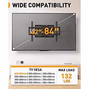 Perlegear Full Motion TV Wall Mount for Most 37-82 inch Flat Curved Screen up to 100 lbs, 12"/16" Wood Studs, TV Mount Bracket with Dual Articulating Arms, Swivel, Tool-Free Tilt, Max VESA 600x400mm