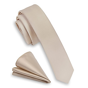 GUSLESON Champagne Slim Tie and Pocket Square Sets Solid Silk Ties For Men Thin Skinny Neckties (0802-10)