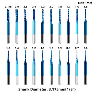 20Pcs 0.6-3.175mm CNC Router Bit Set, 1/8” Shank Nano Blue Coat Carbide Engraving End Milling Cutter Rotary Burrs Tool