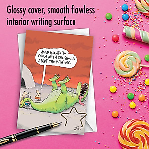 NobleWorks Hysterical Birthday Paper Card with 5 x 7 Inch Envelope (1 Card) for Men and Women, Dinosaur Barbecue C7888BDG