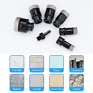 DKIBBITH 7 Packs Diamond Core Drill Bits, Angle Grinder Hole Saw for Porcelain Tile Granite Brick Concrete with 5/8-11 Thread Hex Shank Adapter, Size 3/4'' 1'' 1-1/4'' 1-3/8'' 1-1/2'' & 2'', Black