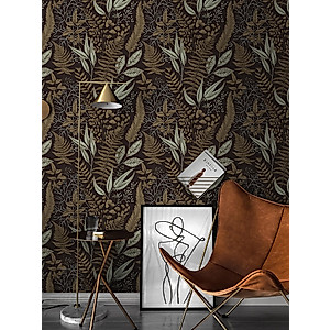 Ismoon Leaf Peel and Stick Wallpaper Dark Wallpaper Fern Botanical Wallpaper Black/Brown Contact Paper Removable Wallpaper Peel and Stick Self Adhesive Wall Paper Vinyl Shelves Wallpaper 16.1x118in