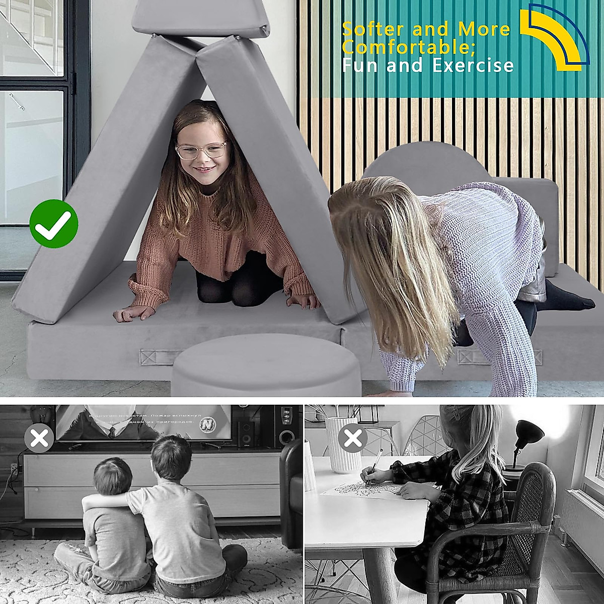 MeMoreCool Kids Couch for Playroom, Modular Kids Play Couch for Toddlers, Kids Couch Building Fort, Foam Couch for Kids Explorer Sofa, Grey
