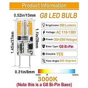 Lamsky G8 LED Bulb Dimmable 3W,G8 Halogen Bulb 20W-25W Equivalent,3000K Warm White AC 120V T4 JCD Type G8 Bi-Pin Base Light Bulb for Under Cabinet,Under Counter Light(10 Pack)