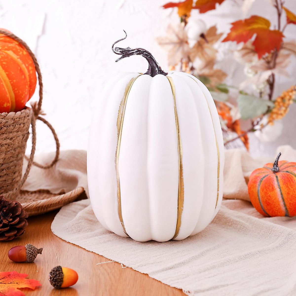 Lucakuins 8 Inch Large Artificial Pumpkins DIY White Decorative Foam Pumpkins Cute Fake Pumpkins for Hallween Autumn Harvest Home Decorations (White Gold Wire, 8 in)