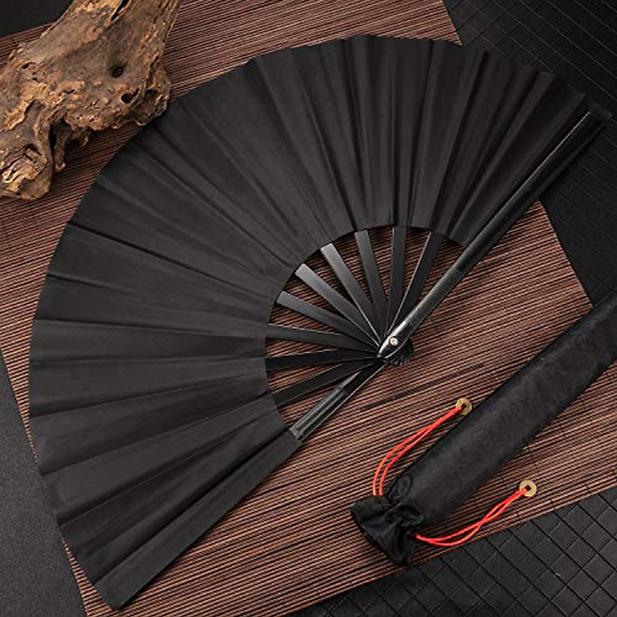 Large Folding Silk Hand Fan Hand Folding Fans Chinese Tai Chi Folding Fan for Men and Women Performance, Dance, Decorations, Festival, Gift (Black, 2 Packs)