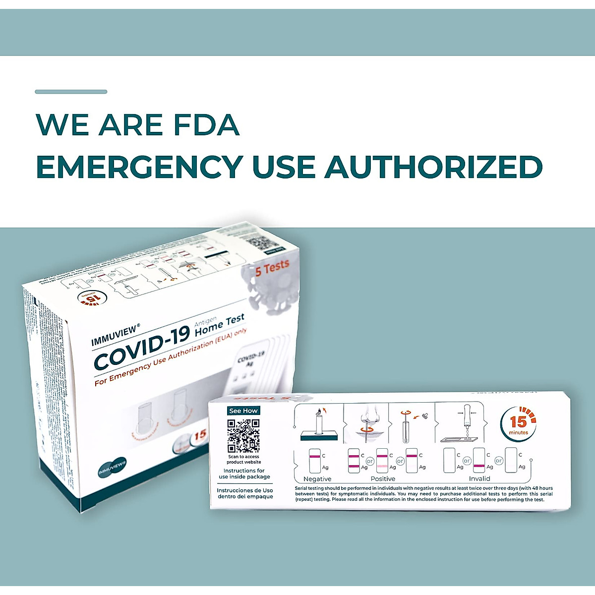 ImmuView COVID-19 Antigen Home Test, FDA EUA at-Home Self Test, Non-invasive Nasal Swab, Easy to Use & Results Within 15 Minutes (1 Pack, 5 Tests Total)