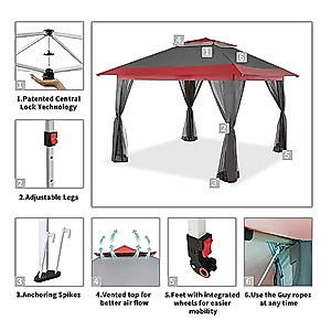 CROWN SHADES 13X13 Outdoor Pop Up Gazebo Base 10X10 Patio Gazebos Patented Center Lock Quick Setup Newly Designed Storage Bag Instant Canopy Tent with Mosquito Nettings (13x13, Red & Grey)