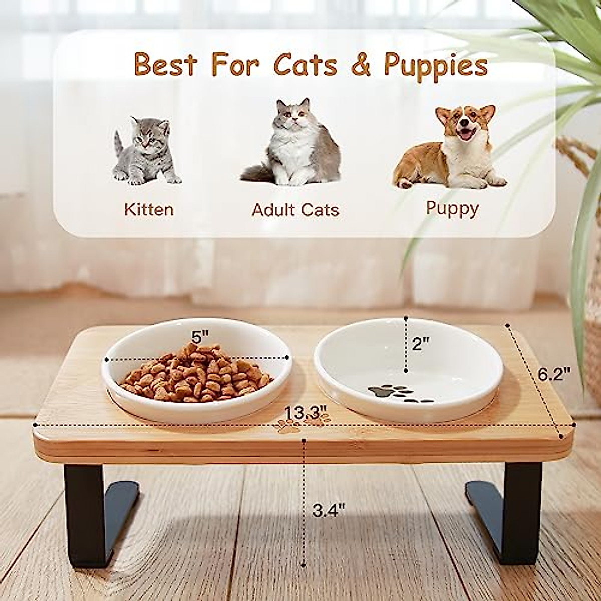 Ceramic Elevated Cat Bowls, 15° Tilted Raised Cat Food Bowls for Food and Water, Indoor Cat Dishes with Bamboo Stand Anti Vomiting for Cats and Puppy, Pet Bowl Set with Anti Slip Feet, Dishwasher Safe
