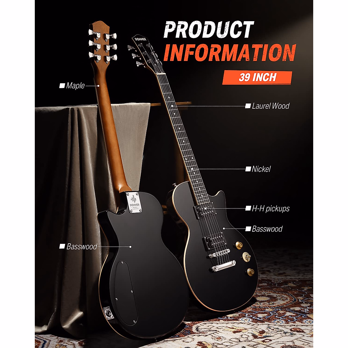 Donner Electric Guitar LP Solid Body, Full-Size 39 Inch Electric Guitar Beginner Kit Black with Bag, Cable, Strap, DLP-124B