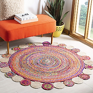 SAFAVIEH Cape Cod Collection 3' Round Red / Multi CAP201A Handmade Boho Braided Jute & Cotton Area Rug