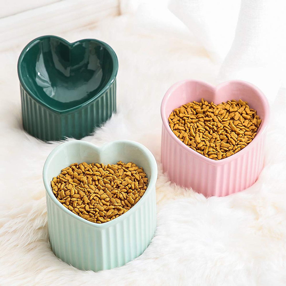 Green Ceramic Raised Cat Bowls, Tilted Elevated Food or Water Bowls, Stress Free, Backflow Prevention, Dishwasher and Microwave Safe, Lead & Cadmium Free