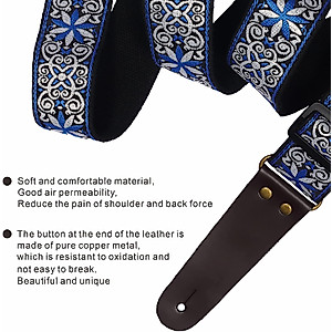 Guitar Strap, Vintage Embroidered Cotton Guitar Straps with Genuine Leather Ends for Bass, Electric & Acoustic Guitars, Come with Free Strap Button, 1 Pair Strap Locks and 4 Guitar Picks (Blue Flower)