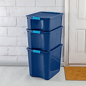 Sterilite 18 Gal Latch and Carry, Stackable Storage Bin with Latching Lid, Plastic Tote Container to Organize Closets, Blue with Blue Lid, 6-Pack