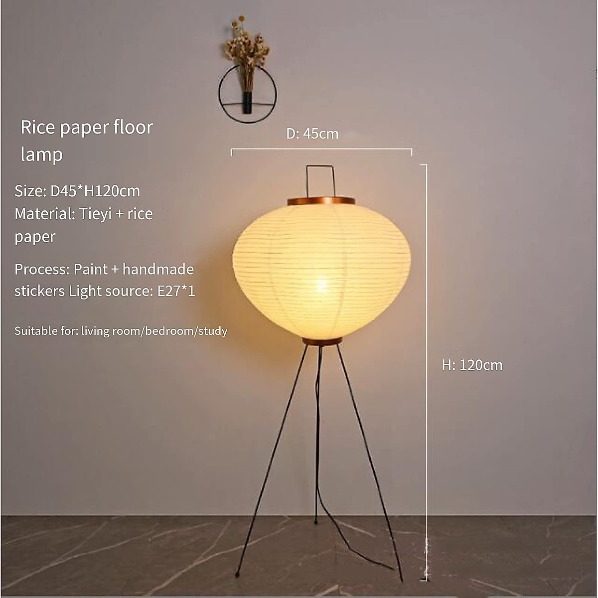 White Paper Floor Lamp,Japanese Lantern Floor Lamp，Handmade Paper Lamp Body Rice Paper Floor Lamp with Chrome Nightstand Desk Lamp for Bedroom Living Room Kid's Office Environmental Soft Light