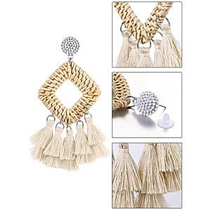 meekoo 2 Pairs Rattan Tassel Earrings Bohemian Statement Woven Dangle Fringe Earrings Ethnic Tassel Drop Earrings Vintage Jewelry for Women (Black and White)