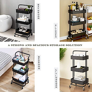 XGATML ALA7 3-Tier Rolling Utility Cart with Roller Wheels Service Cart with Handle Mobile Storage Organizer for Kitchen, Bathroom, Office, Coffee Bar(Black)