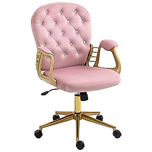 cayglow Velvet Home Office Desk Chair Comfy with Gold Legs and Arms, Comfortable Makeup Vanity Chair with Back and Wheels, Button Tufted Armchair Swivel Rolling Chair for Girls Women Bedroom,Pink