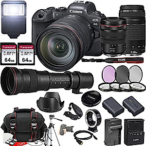 Canon EOS R6 Mirrorless Camera w/RF 24-105mm f/4 L is USM Lens + 75-300mm F/4-5.6 III Lens + 420-800mm f/8.3 HD Manual Telephoto Lens + 2X 64GB Memory, Hood, Case, Filters, Tripod, More (35pc Bundle)