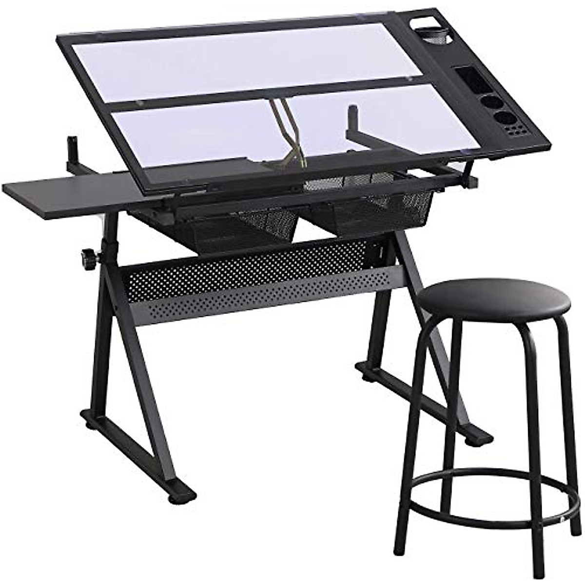 EESHHA Drawing Table Glass Drafting Table, Height Adjustable Drawing Desk with Stool, Tiltable Desk Art Table, Tempered Glass Top Painting Desk, Writing Table with 2 Drawers Beautiful Scenery