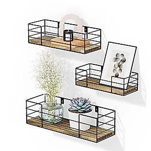 POTEY Floating Wall Shelves, Natural Wood Wire Frame Hanging Shelves for Bathroom, Living Room, Bedroom, Kitchen 3 Sets Light Brown