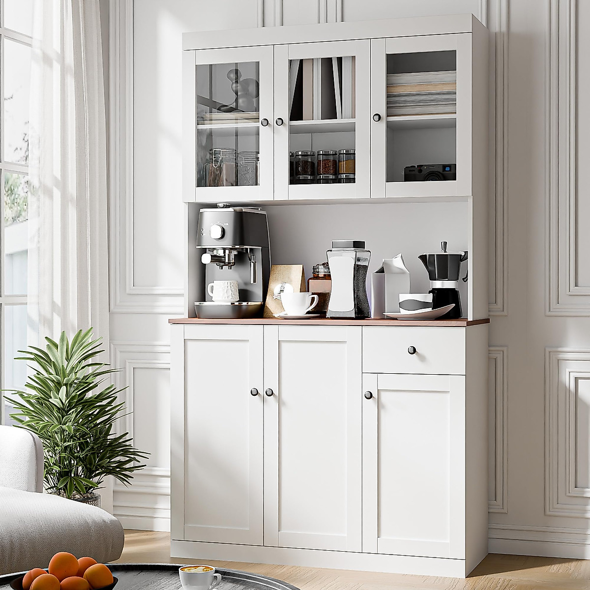 Cozy Castle Tall Kitchen Pantry Cabinet with Microwave Shelf, Modern Large Freestanding Sideboard Cupboard Kitchen Hutch Cabinet with Storage Countertop and Drawer for Dining Room, Living Room, White