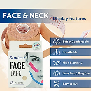 Kindmax Face Tape, 2 Rolls, Anti Wrinkles Patches, Face Eye Neck Lift Tape, V Line Lifting Chin Strap, Face Toning Belts, High Elasticity, Firming and Tightening Skin 2.5cm*5m (Beige)