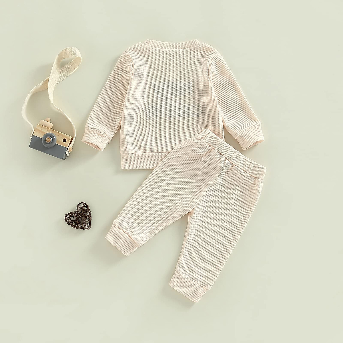 Toddler Baby Girl Boy Fall Winter Waffle Outfit Set Letter Printed Long Sleeve Sweatshirt Tops + Pants (Apricot, 6-12 Months)
