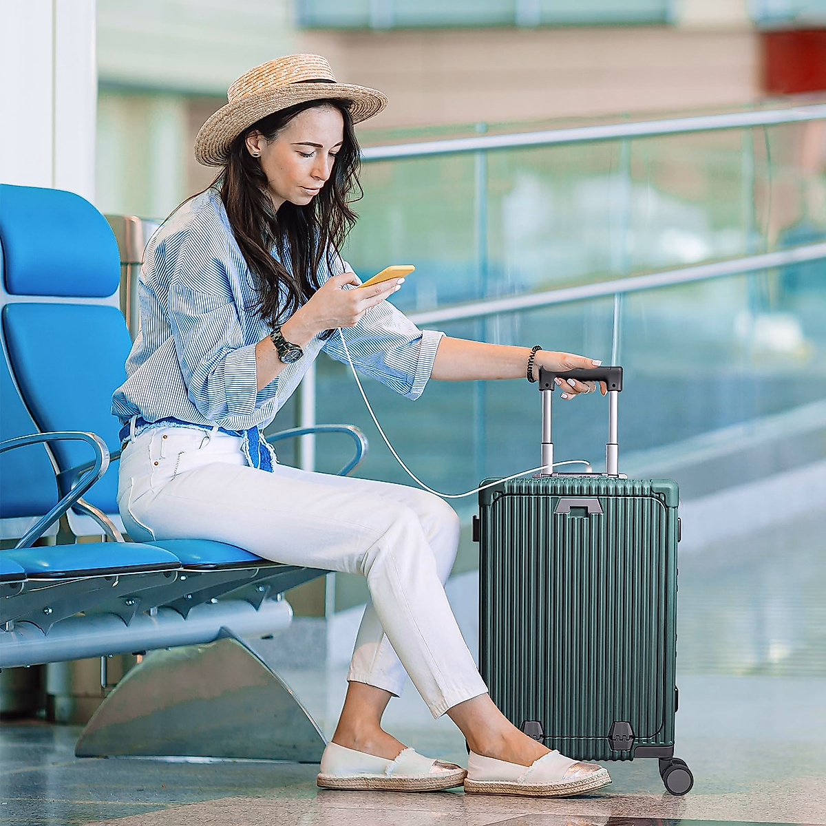 DwanNuts Carry On Luggage with Cup Holder and Usb Port, Aluminum Frame, Front Compartment, TSA Lock, 22x14x9 Airline Approved Hardside Suitcase with Spinner Wheels(Dark Green, 20-lnch)