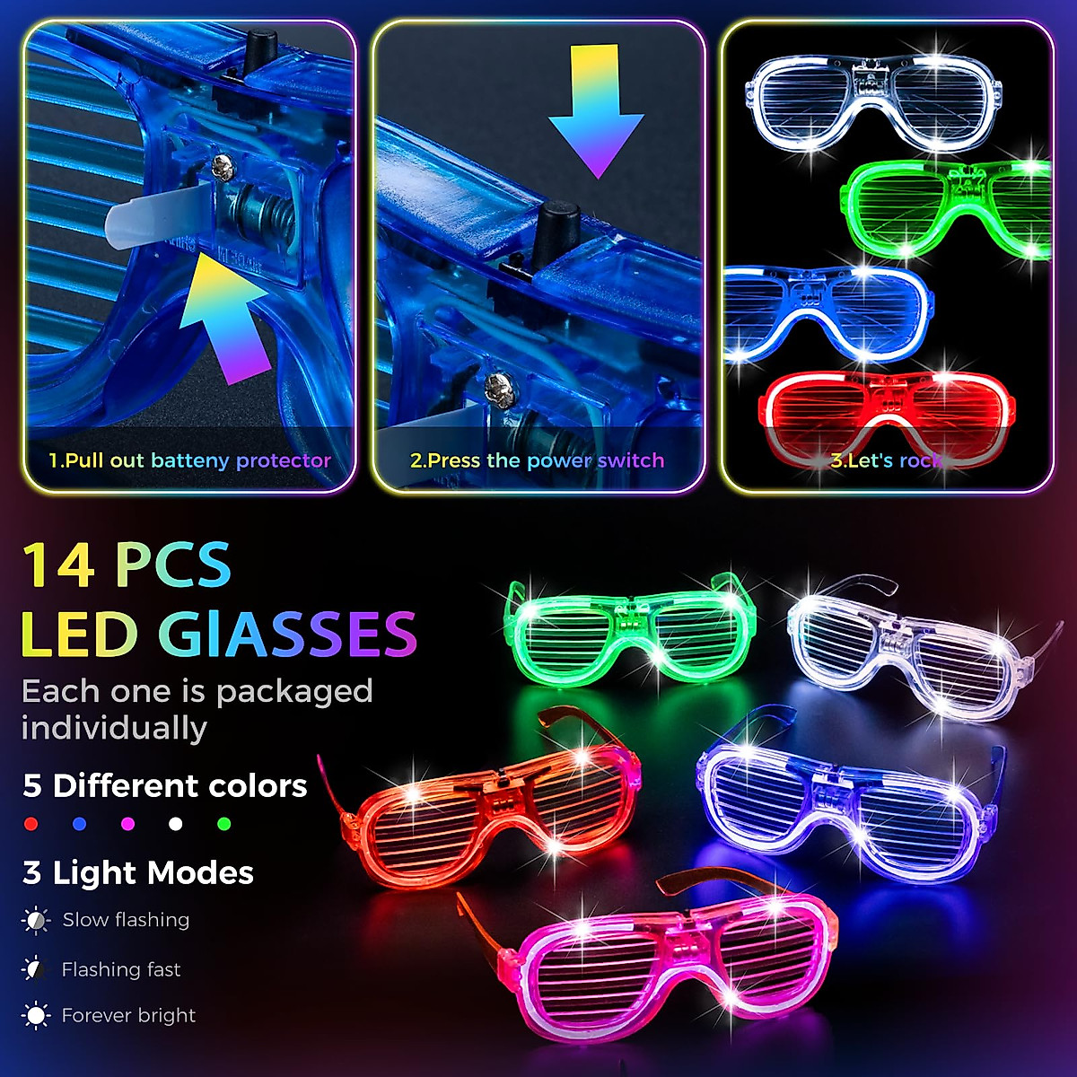 SHQDD 238 PCS Glow in the Dark Party Supplies, 24 PCS Glow Fiber Optic Wands, 14 PCS LED Glasses and 100 PCS Glow Sticks, 100 PCS Connectors, New Year Party Favors for Concert, Raves Birthday