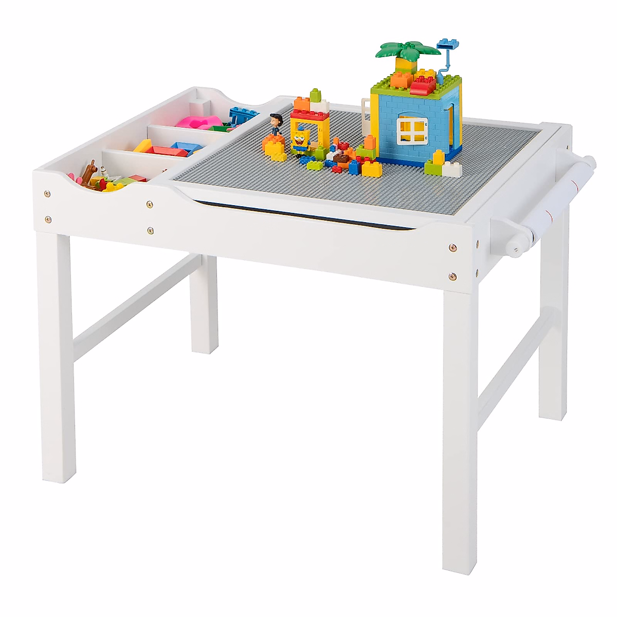 Costzon Kids Table, 3 in 1 Wood Building Block Desk w/Storage, Paper Roll, Reversible Tabletop for Toddler Arts, Crafts, Drawing, Reading, Playing, Gift for Boys Girls, Activity Table (White)