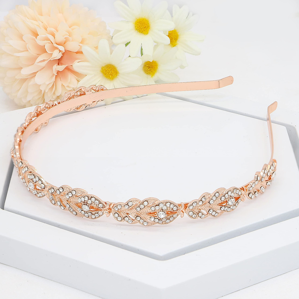 Oriamour Rose Design Rhinestone Crystal Wedding Headband Bridal Headpieces Simple Design Bridal Headband (Rose Gold)